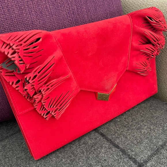 Jimmy Choo | Bags | Jimmy Choo Red Suede Clutch Wruffle | Poshmark